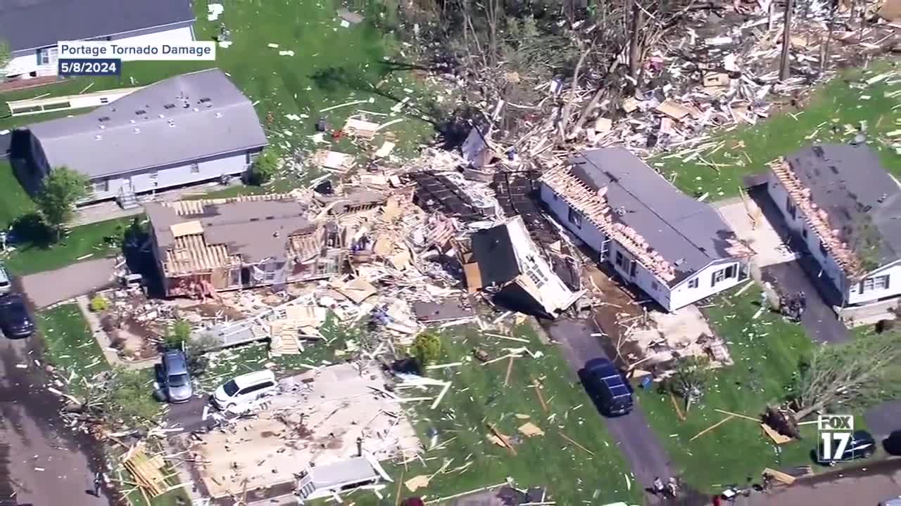 WATCH: Helicopter video shows extent of tornado damage in Portage