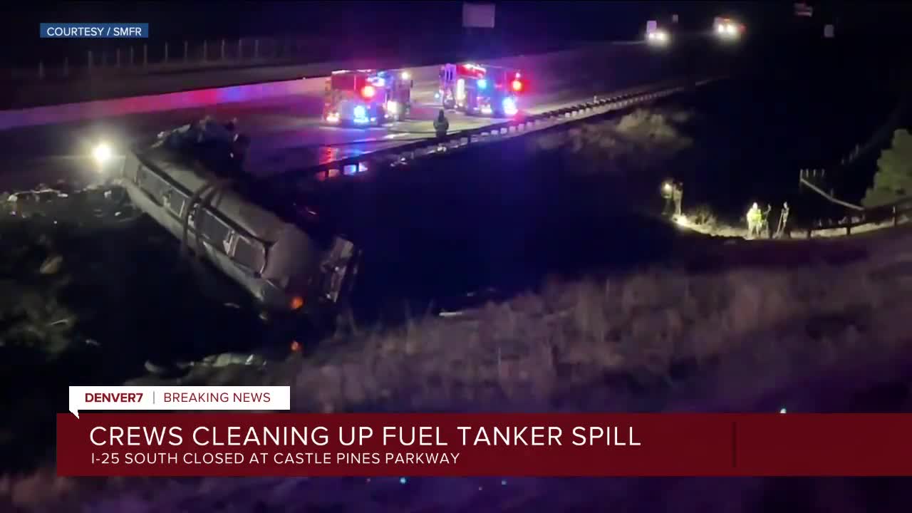Overturned tanker spills 2,500 gallons of fuel on I-25, causes 'extreme ...