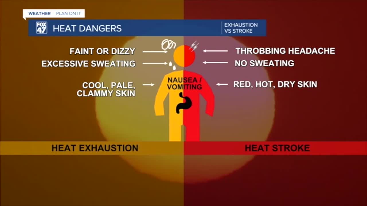 The difference between heat exhaustion and heat stroke.