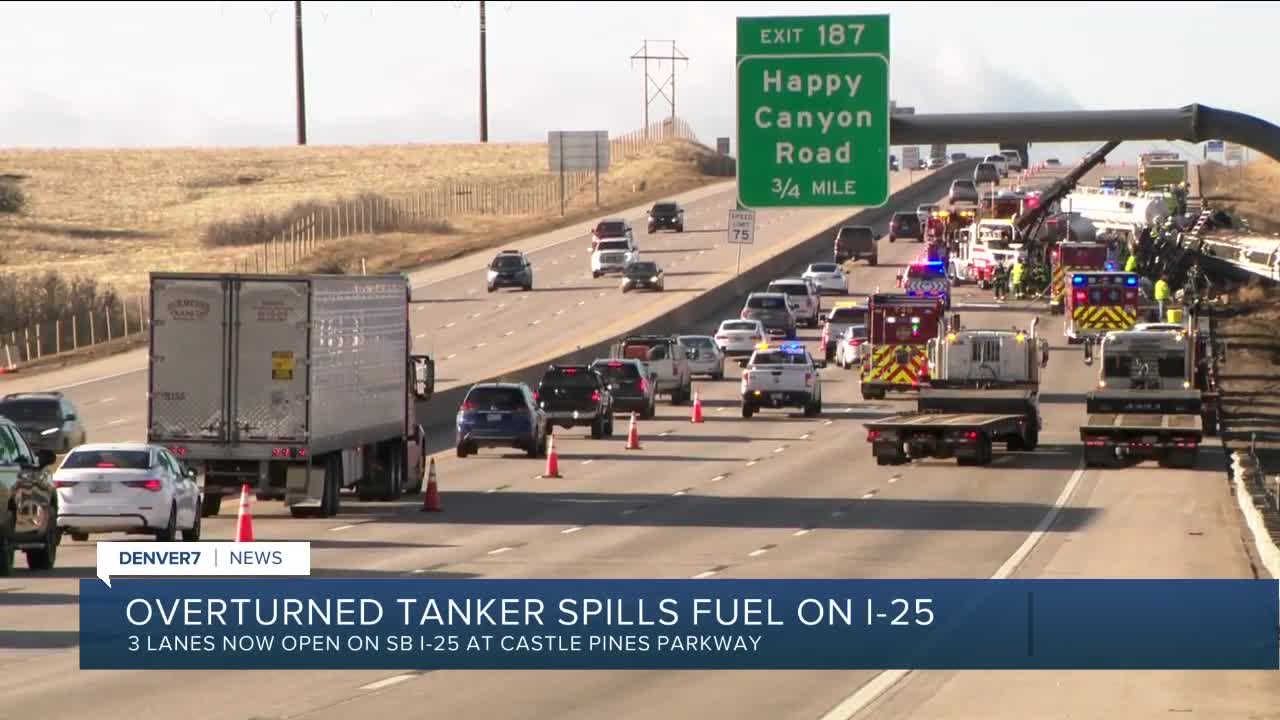 Overturned tanker spills 2,500 gallons of fuel on I-25, causes 'extreme ...