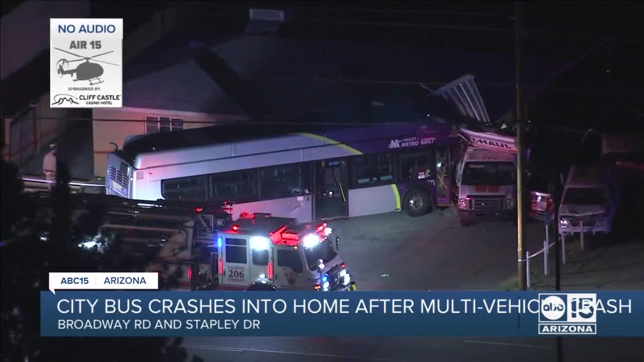 Bus crashes into home after multi-vehicle crash near Broadway Road and ...