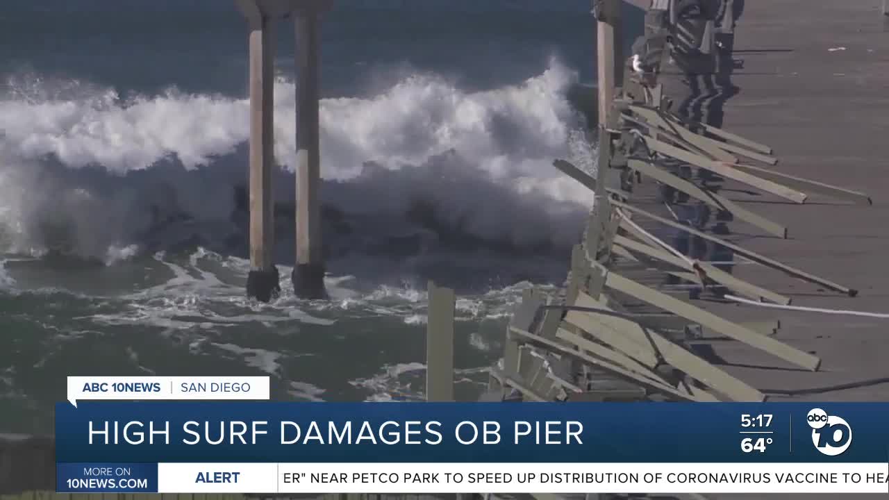 High surf batters, damages Ocean Beach Pier
