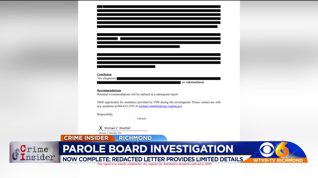 Va. Parole Board investigation letter almost completely redacted