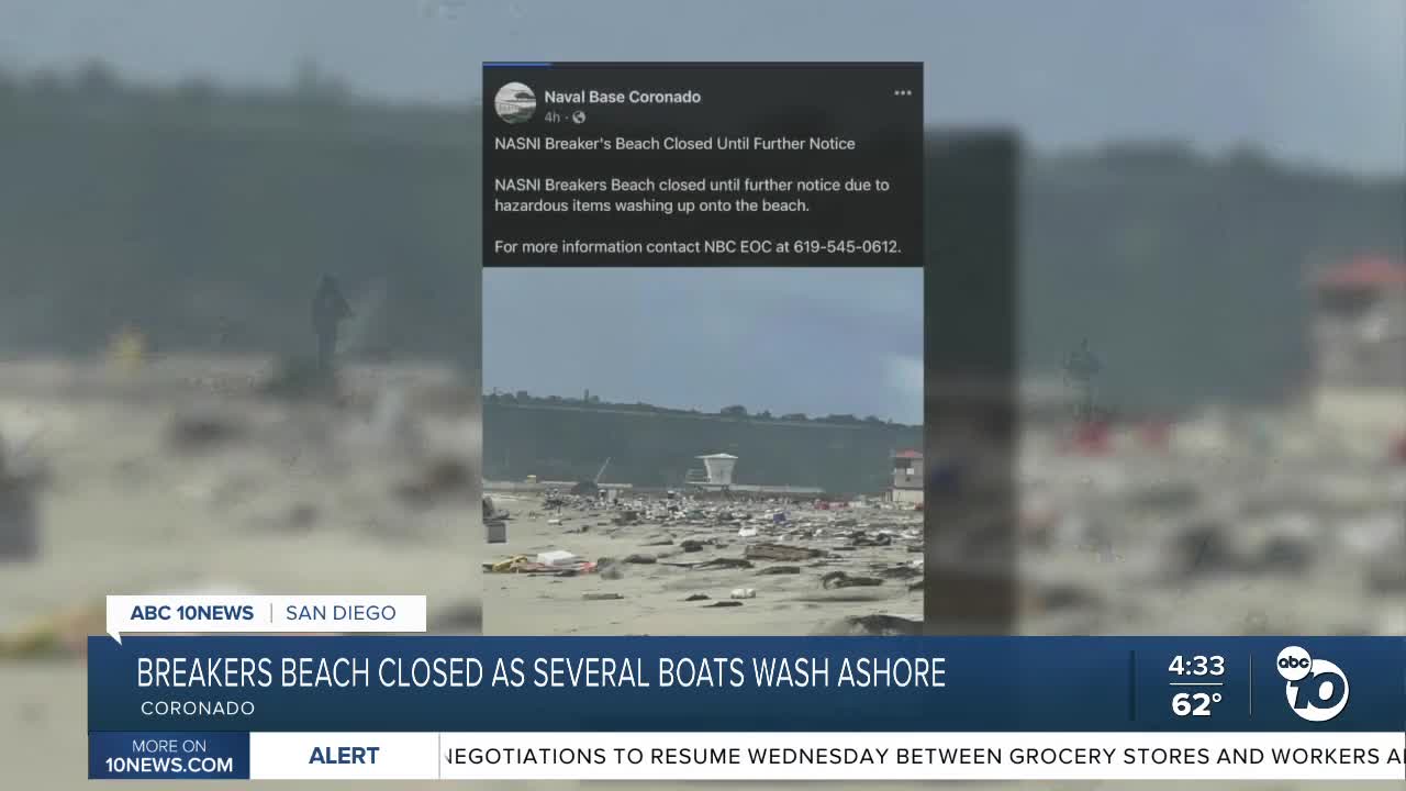 Monday's storm causes boats to wash ashore at Breakers Beach