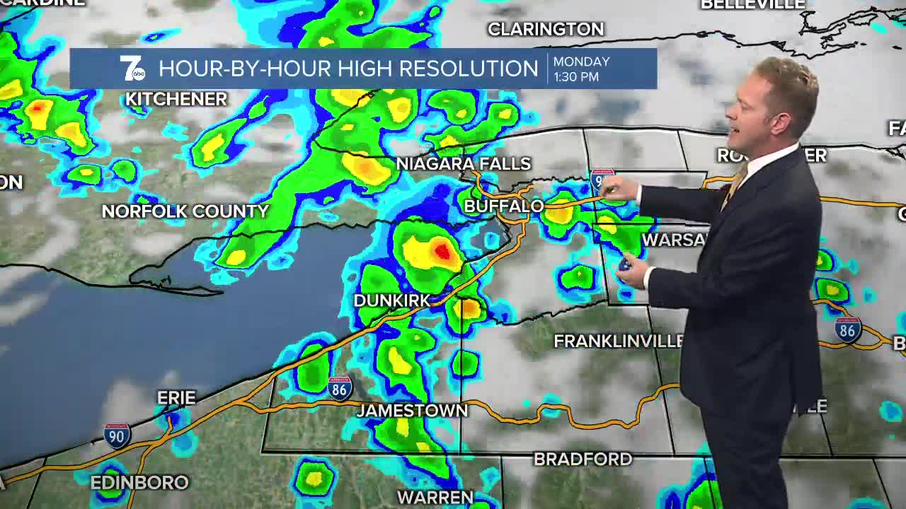 Cloudy and a bit damp tonight, showers and a few thunderstorms Monday