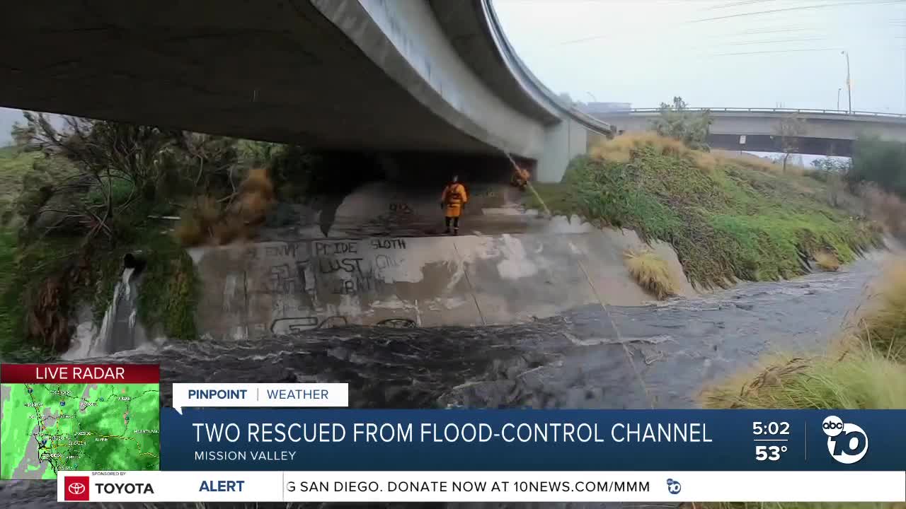 2 people rescued from Mission Valley flood channel amid rain
