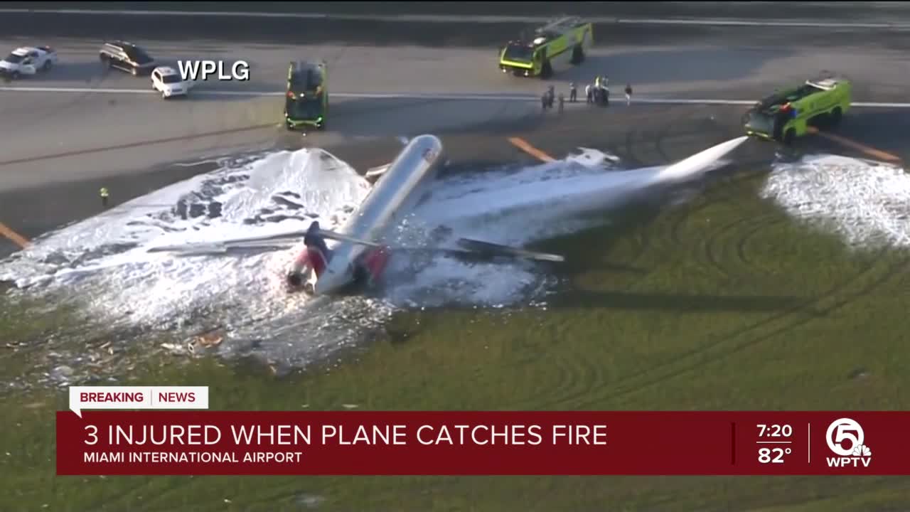 3 hurt when plane catches fire at Miami International Airport