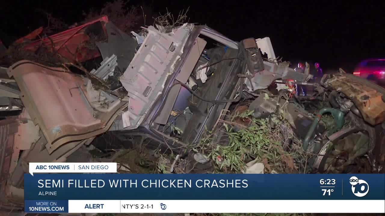 Truck hauling frozen chicken crashes off I-8 in Alpine