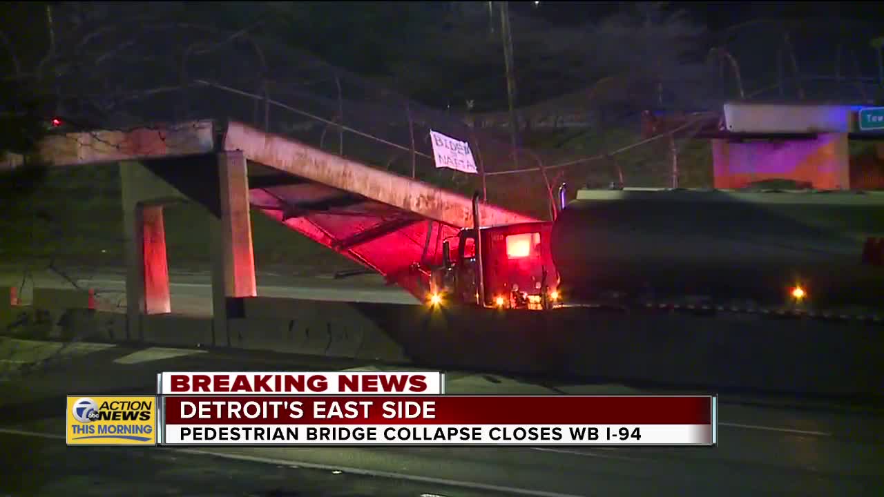 Truck causes pedestrian bridge collapse, westbound I-94 in Detroit closed