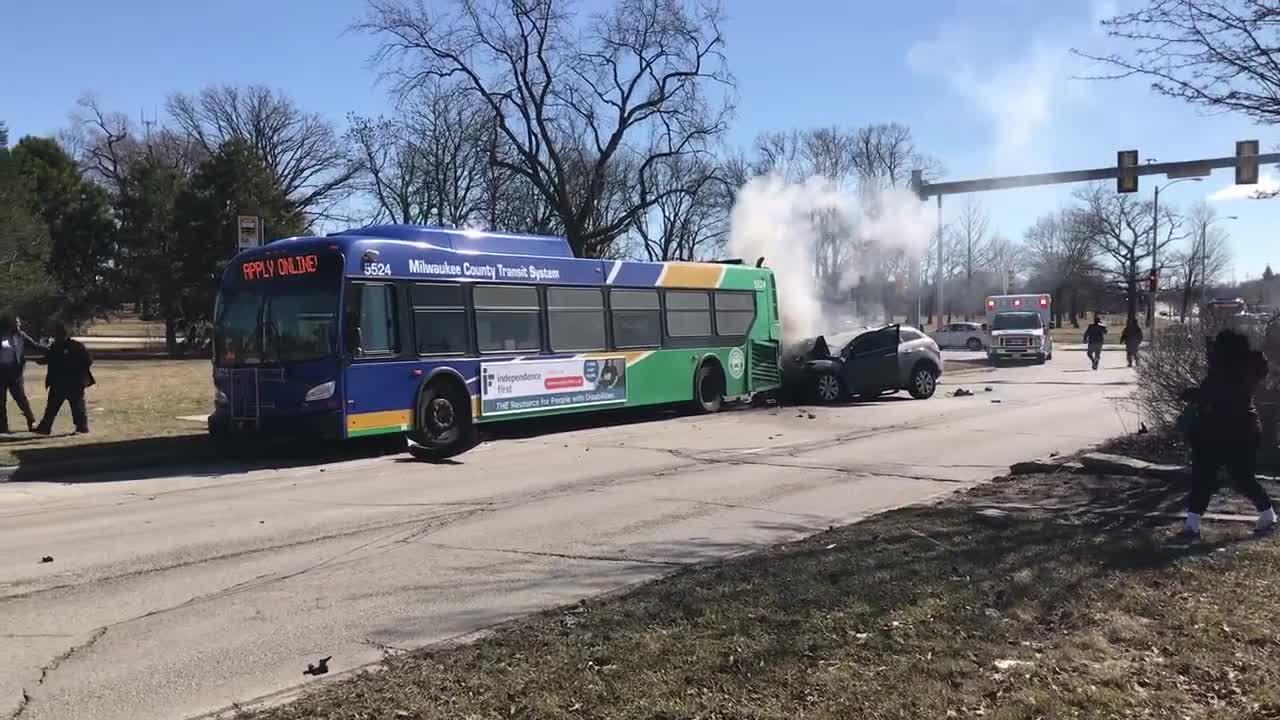 Car struck by gunfire swerves into MCTS bus, crashes